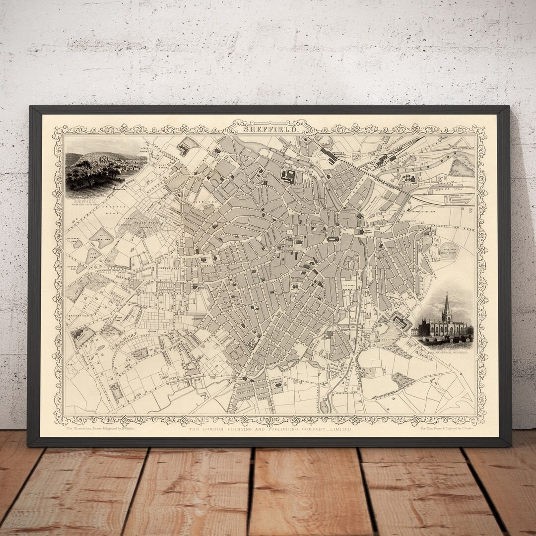 Old Map of Sheffield, Yorkshire in 1851 by Tallis & Rapkin - Framed or ...