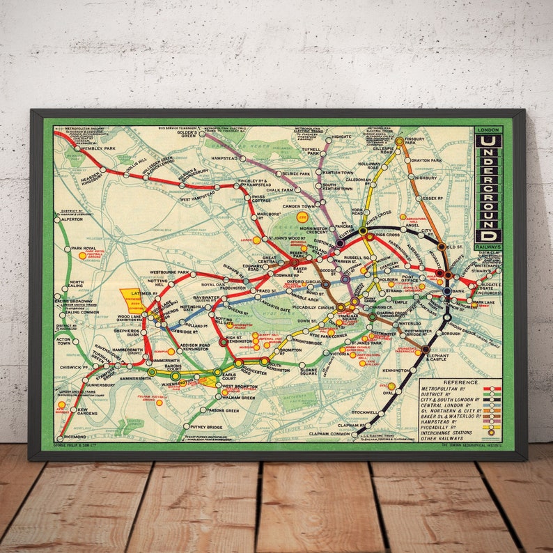 Old London Underground Tube Map 1912 - Oxford Circus, Piccadilly, Bank ...