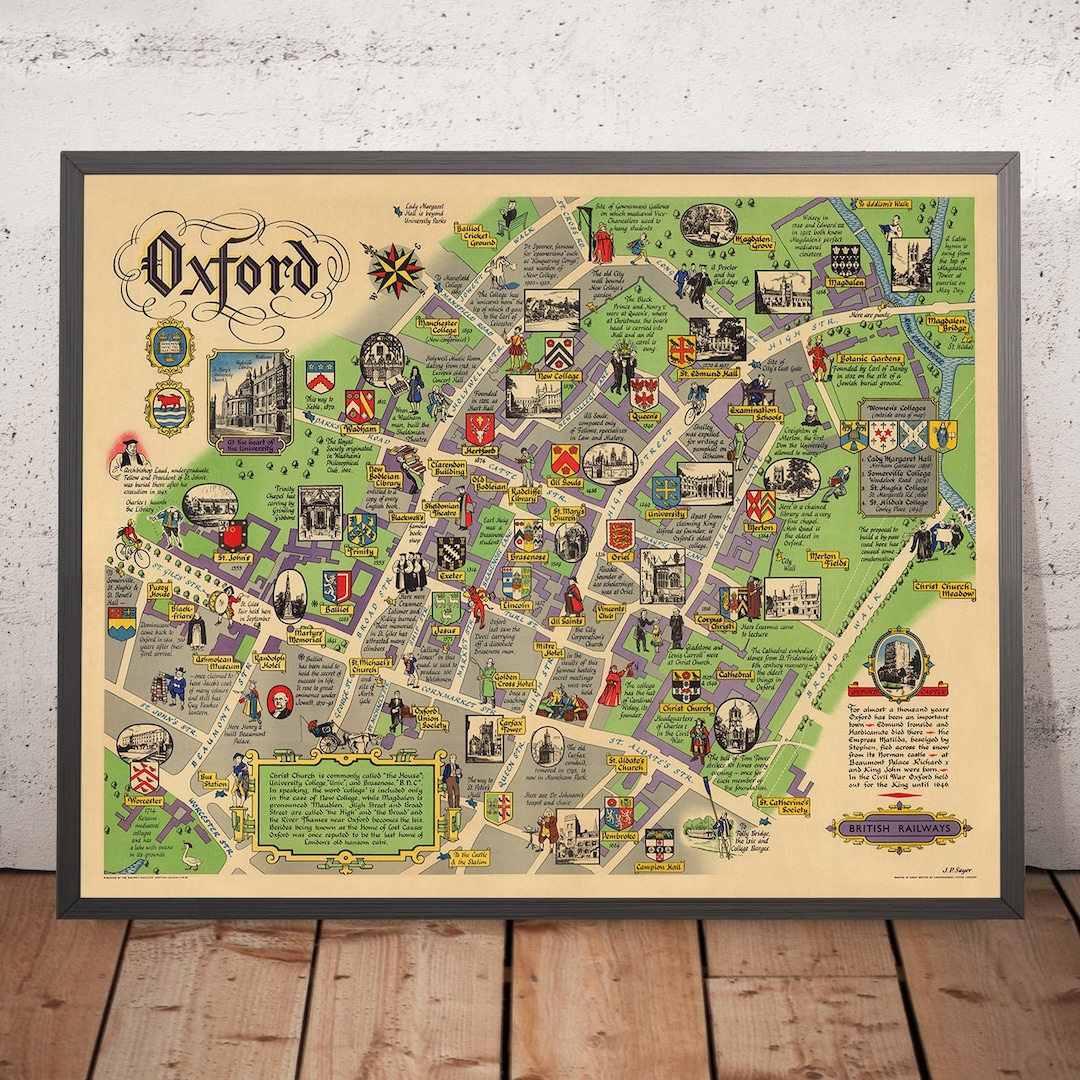 Old Map of Oxford by Sayer, 1949: University of Oxford, St. John's ...