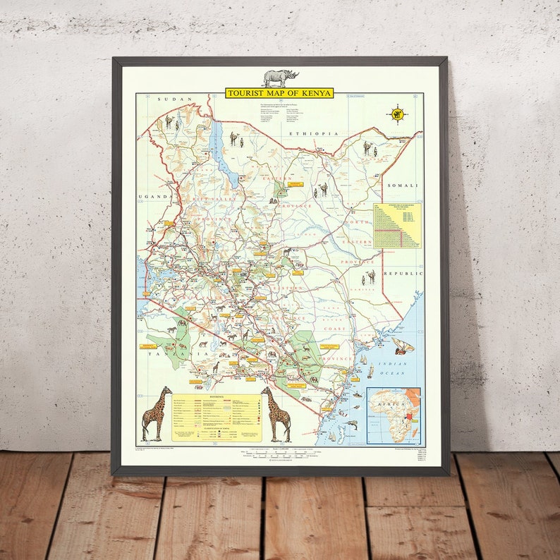 Old Pictorial Map of Kenya, 1968: Safari, Animals, Nairobi, Mount Kenya ...
