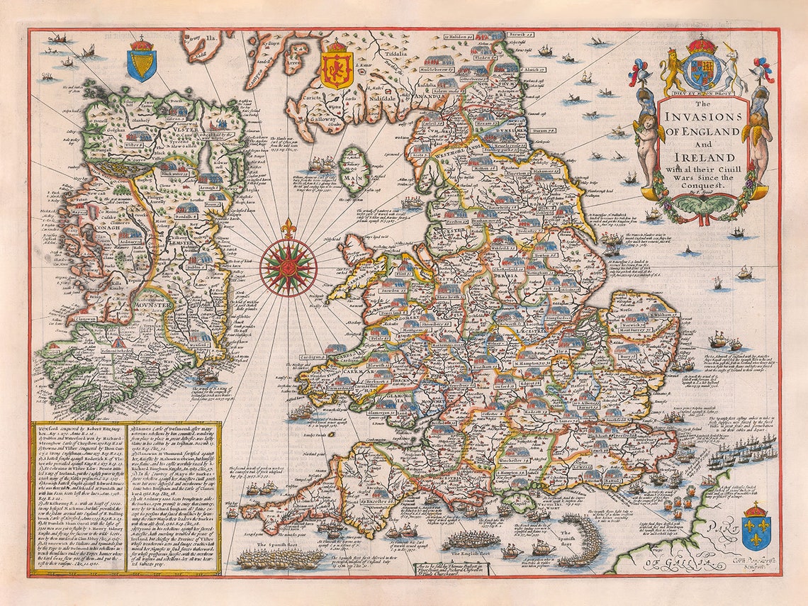 Old England and Ireland Map 1676 Invasions and Civil Wars - Etsy