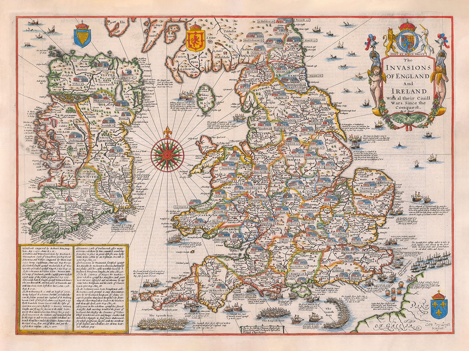 Old England and Ireland Map, 1676 - Invasions and Civil Wars Since 1066 ...