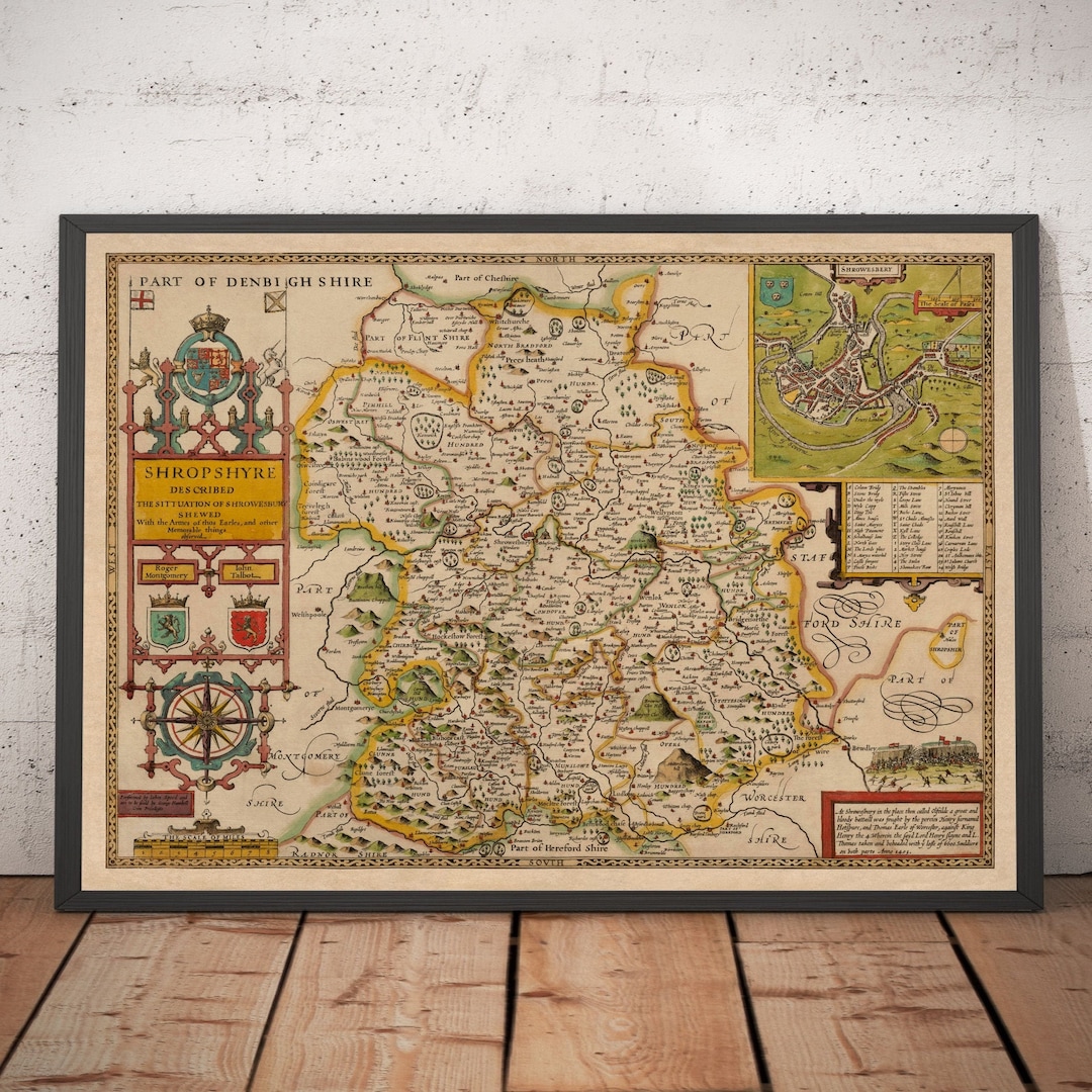 Old Map of Shropshire in 1611 by John Speed - Shrewsbury, Telford ...