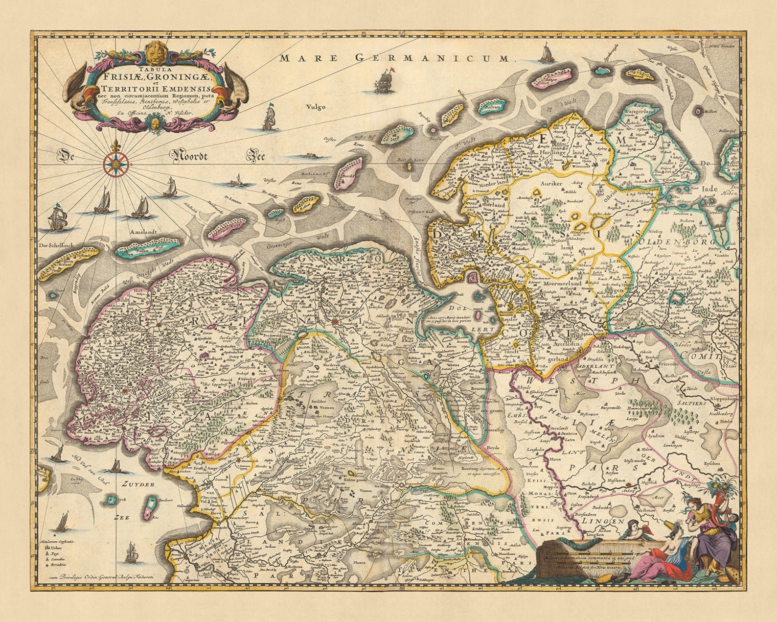 Old Map of Friesland and Groningen by Visscher, 1690: Oldenburg, Zwolle ...