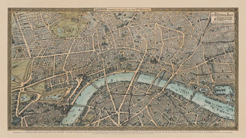 Old Birds Eye Map of London in 1892 by Charles Baker & Co - Westminster ...