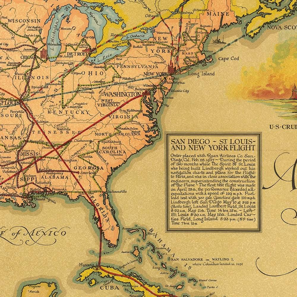 Old Map of Charles A. Lindbergh's Flights by Clegg, 1928: Aviation ...