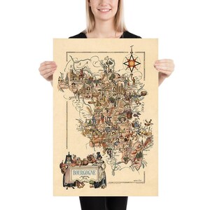 Old Pictorial Map of Burgundy (bourgogne) by Liozu, 1951: Dijon, Beaune ...