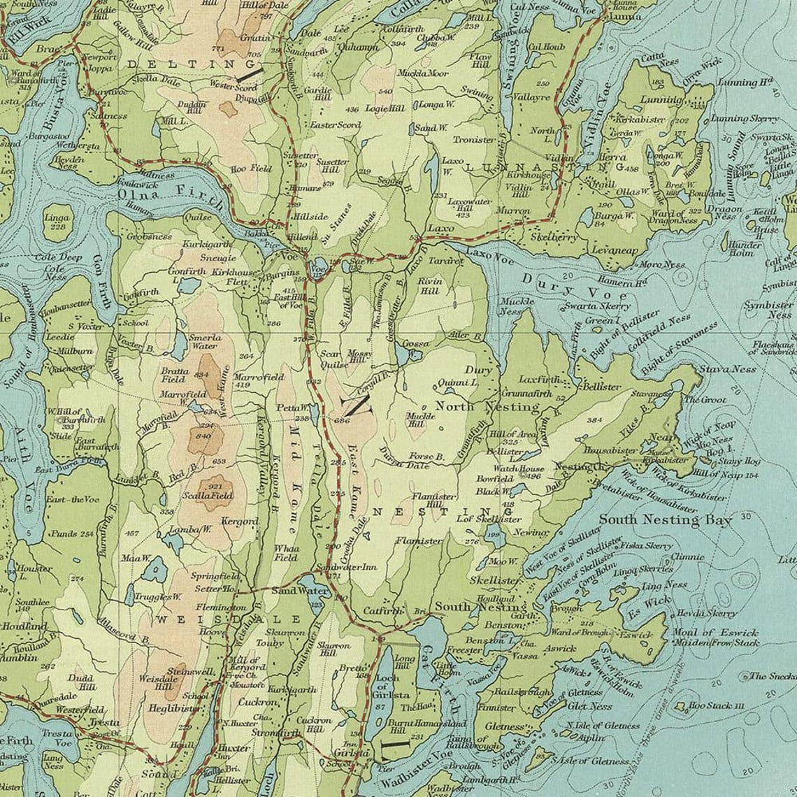 Old OS Map of Shetland Islands by Bartholomew, 1901: Lerwick, Ronas ...