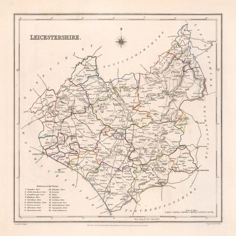 Old Map of Leicestershire by Samuel Lewis, 1844: Leicester, Melton ...