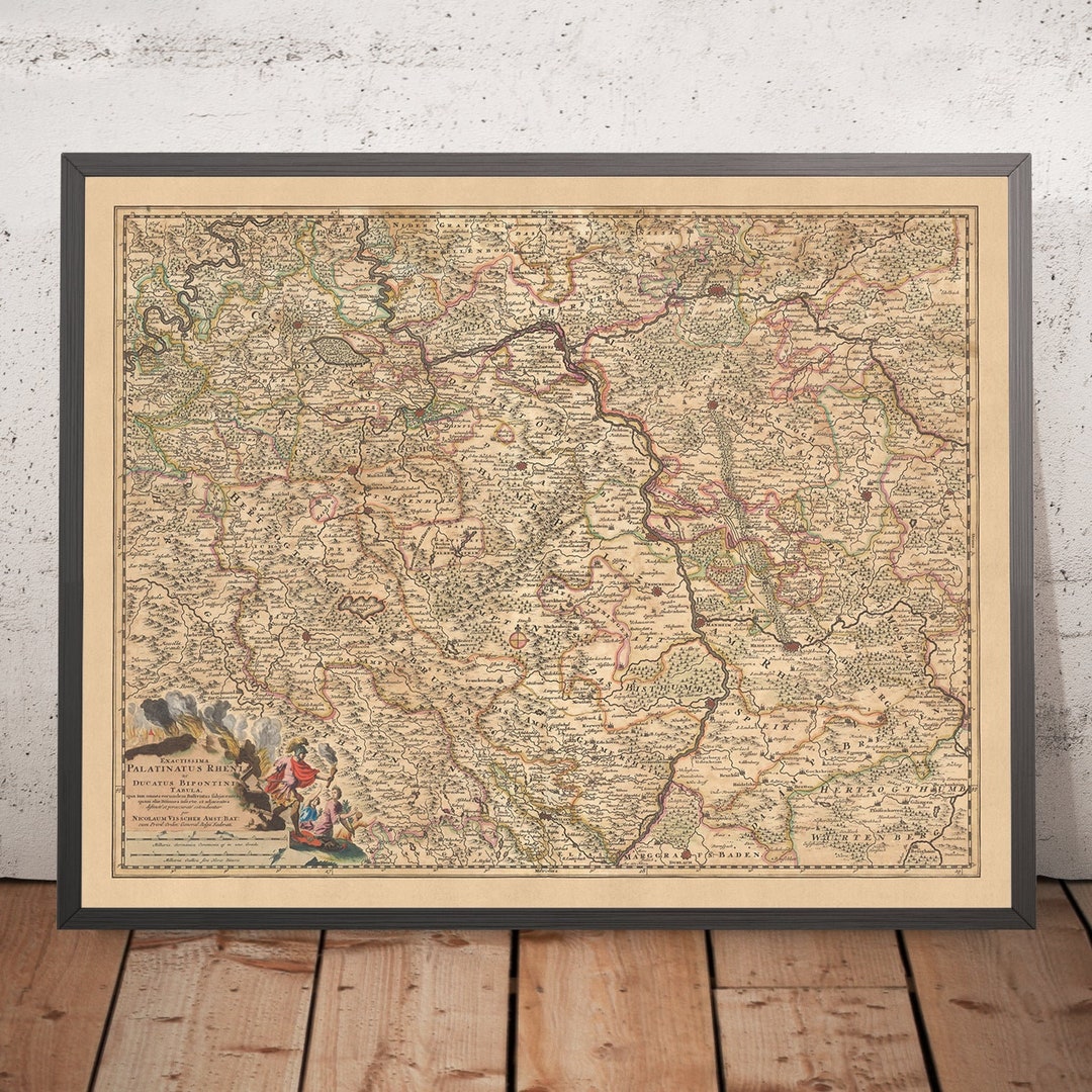 Old Map of Rhine Palatinate & Zweibrücken Duchy, Visscher, 1690: Frankfurt, Mannheim ...