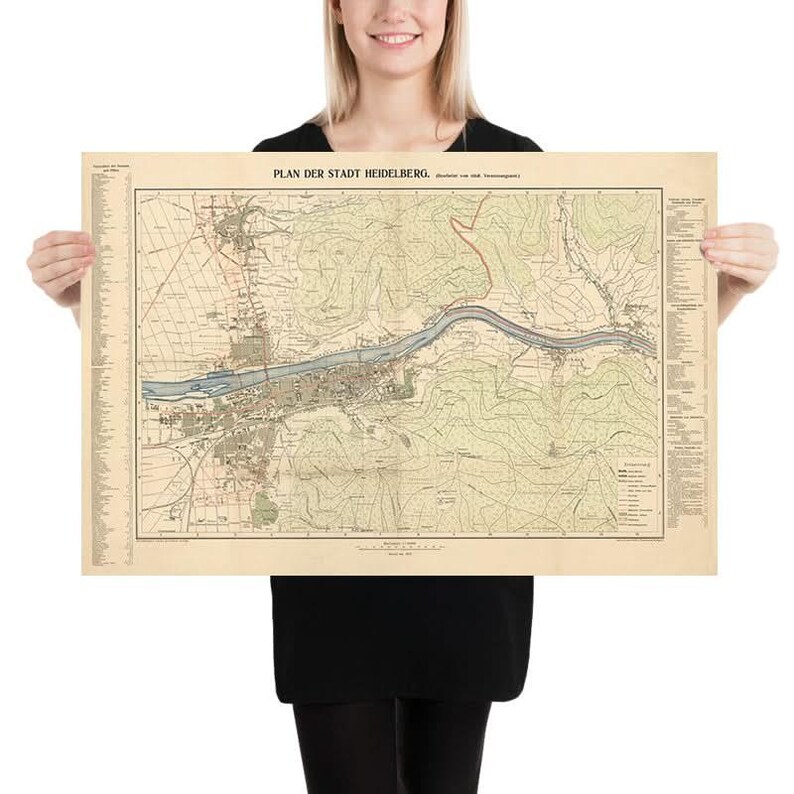 Old City Map of Heidelberg by Rübsamen, 1907: Castle, Neckar River ...