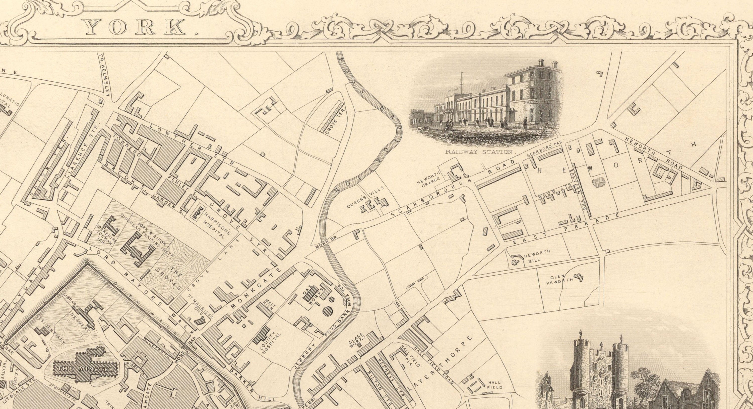 Old Map of York in 1851 by Tallis & Rapkin - City Centre, York Minster ...