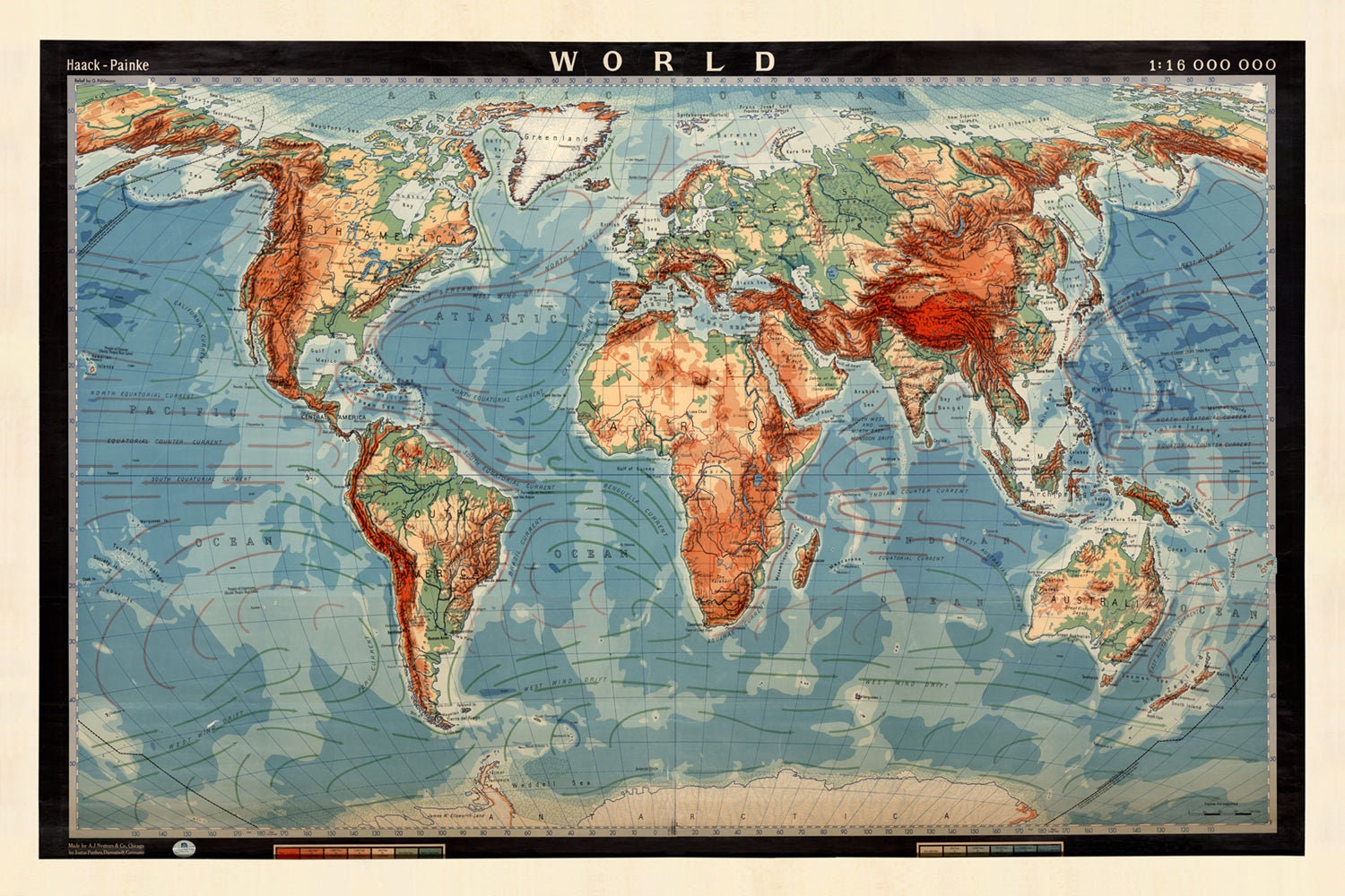 Old Physical World Map by G Pohlmann, 1950: Educational Lecture Hall ...