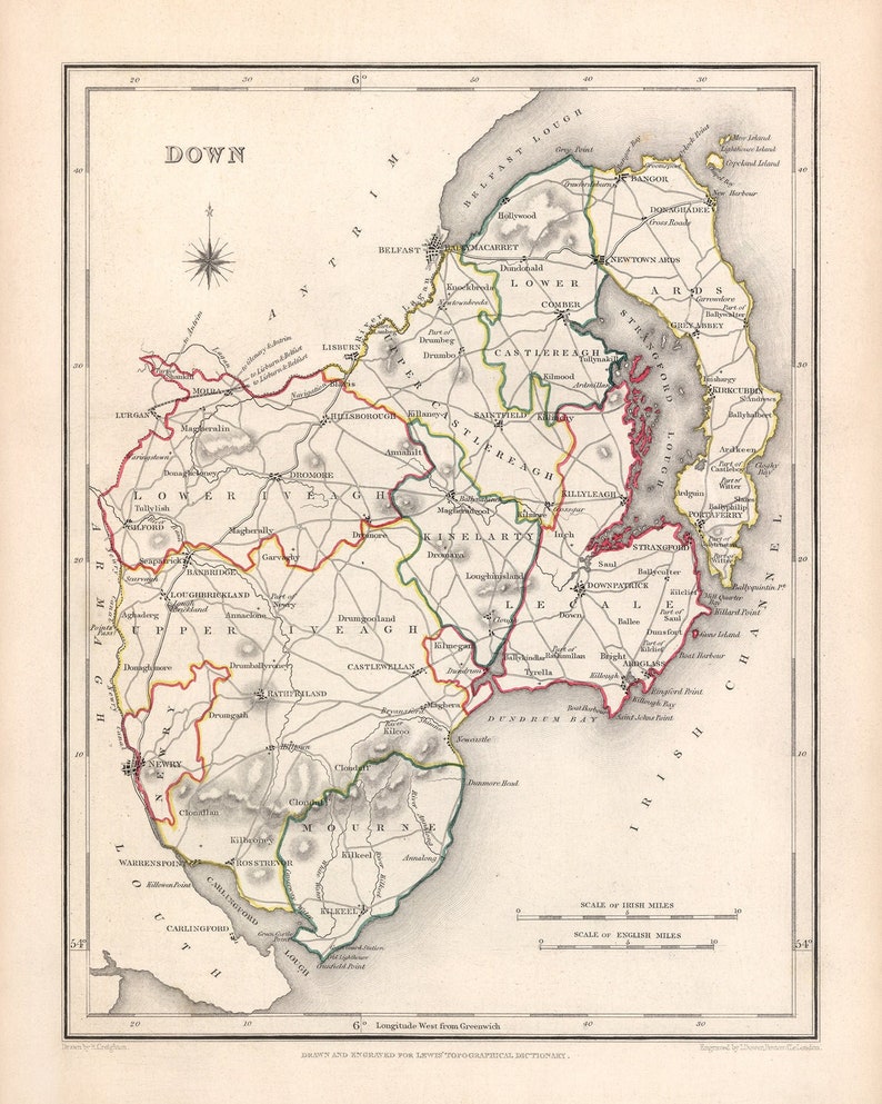Old Map of County Down by Samuel Lewis, 1844: Belfast, Bangor ...
