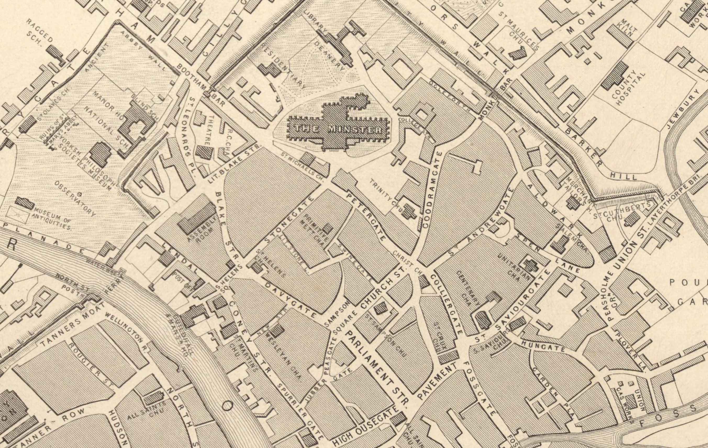 Old Map of York in 1851 by Tallis & Rapkin - City Centre, York Minster ...