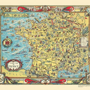 Old Historical Map of France, 1936: Stories, Battles, Landmarks, Famous ...