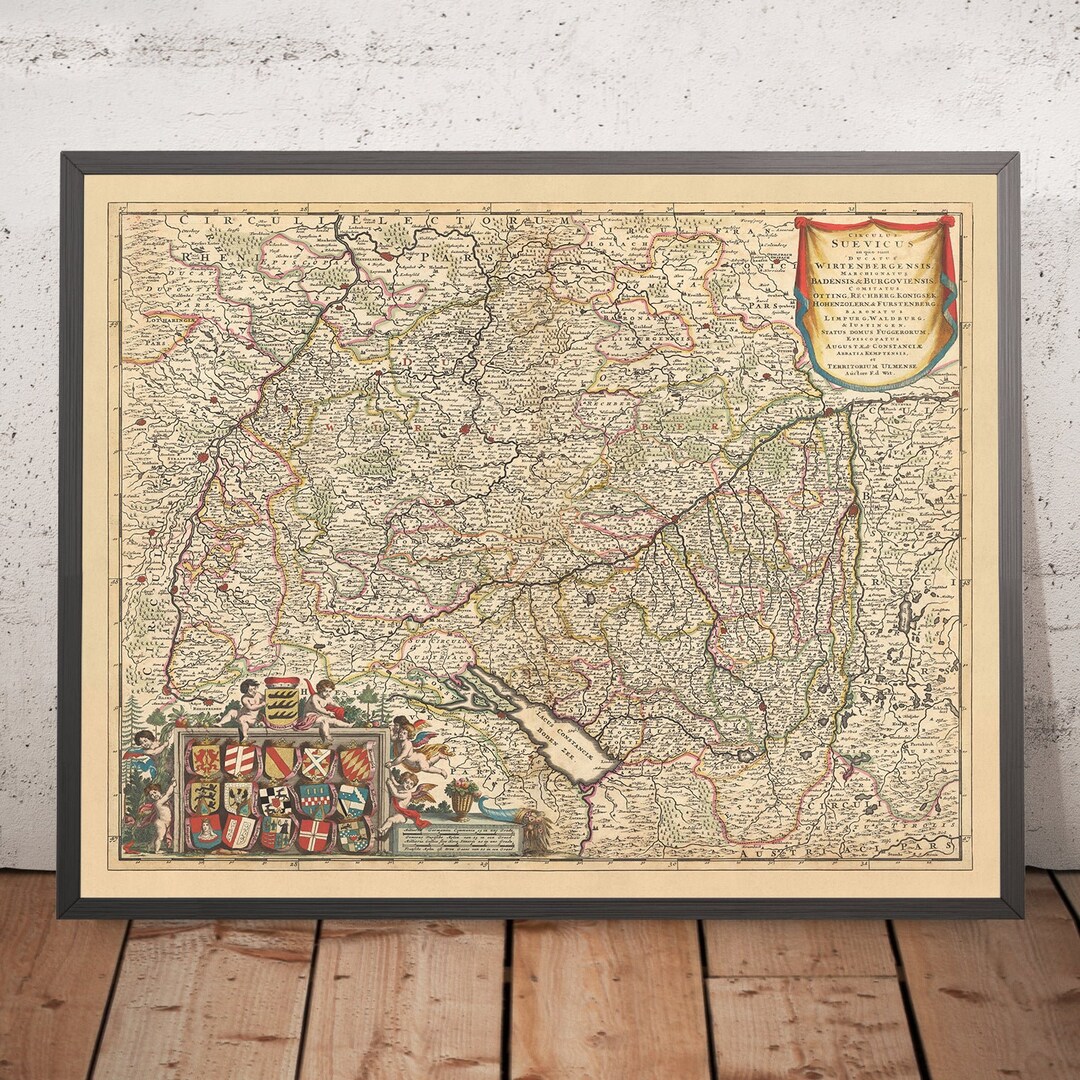 Old Map of Swabian Circle by Visscher, 1690: Stuttgart, Mannheim ...
