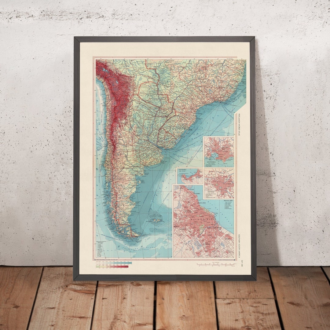 Old Map of Southern South America, 1967: Montevideo, Valparaiso ...