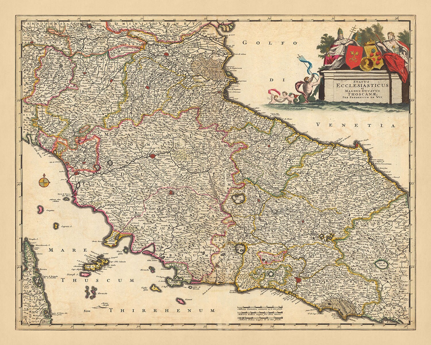 Old Map of Papal States & Duchy of Tuscany, Italy by Visscher, 1690 ...