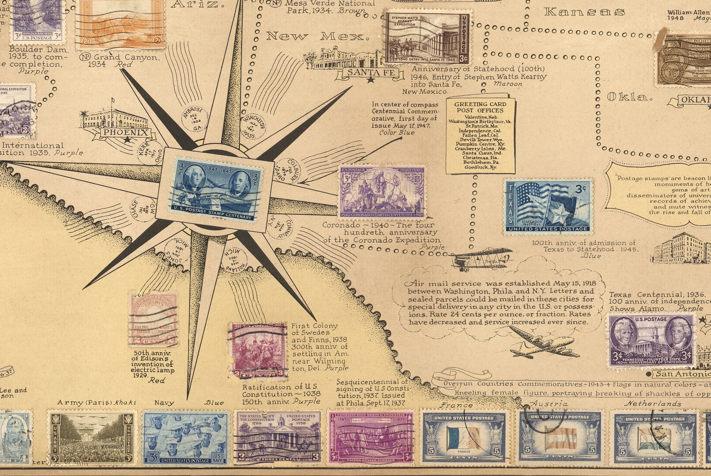 Old Stamp Map of the USA, E. Chase, 1949 - Historical United States ...