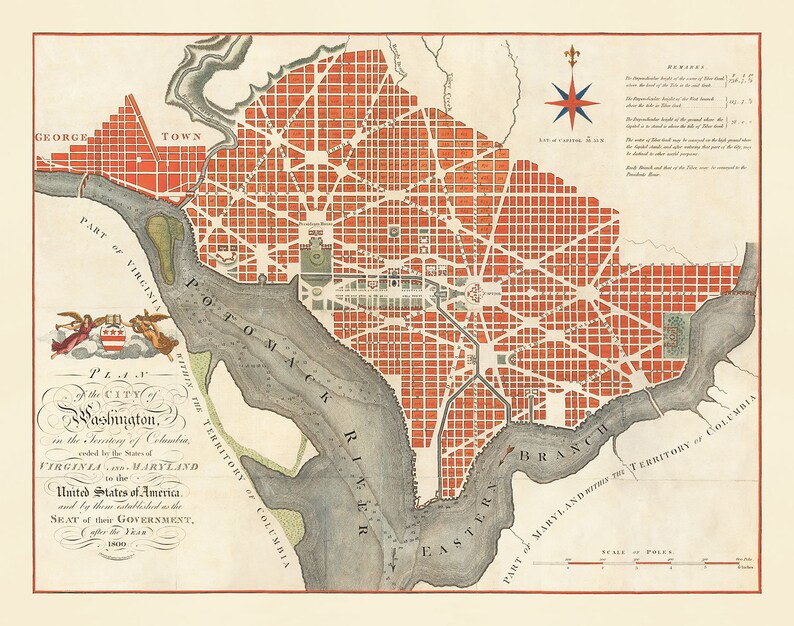 Very Old Map of Washington DC, 1795 by John Russell - Georgetown, White ...