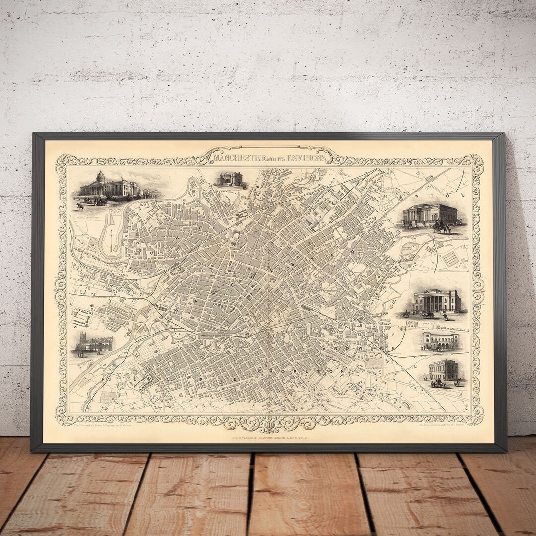 Old Map of Manchester and Environs by John Rapkin, 1851 - Town Hall ...
