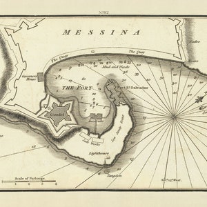 Old Messina, Sicily Nautical Chart by Heather, 1802: Citadel, Fort St ...