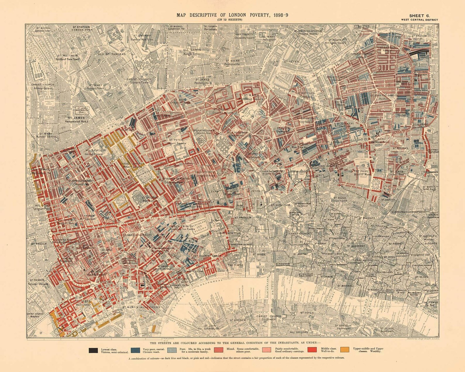 Old Map of London Poverty 1898-9, West Central by Booth - Westminster ...