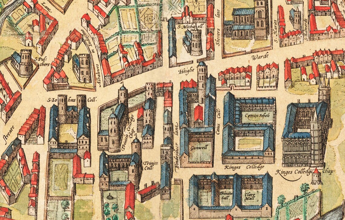 Old Map of Cambridge and University Colleges, 1575 - Trinity, Kings ...