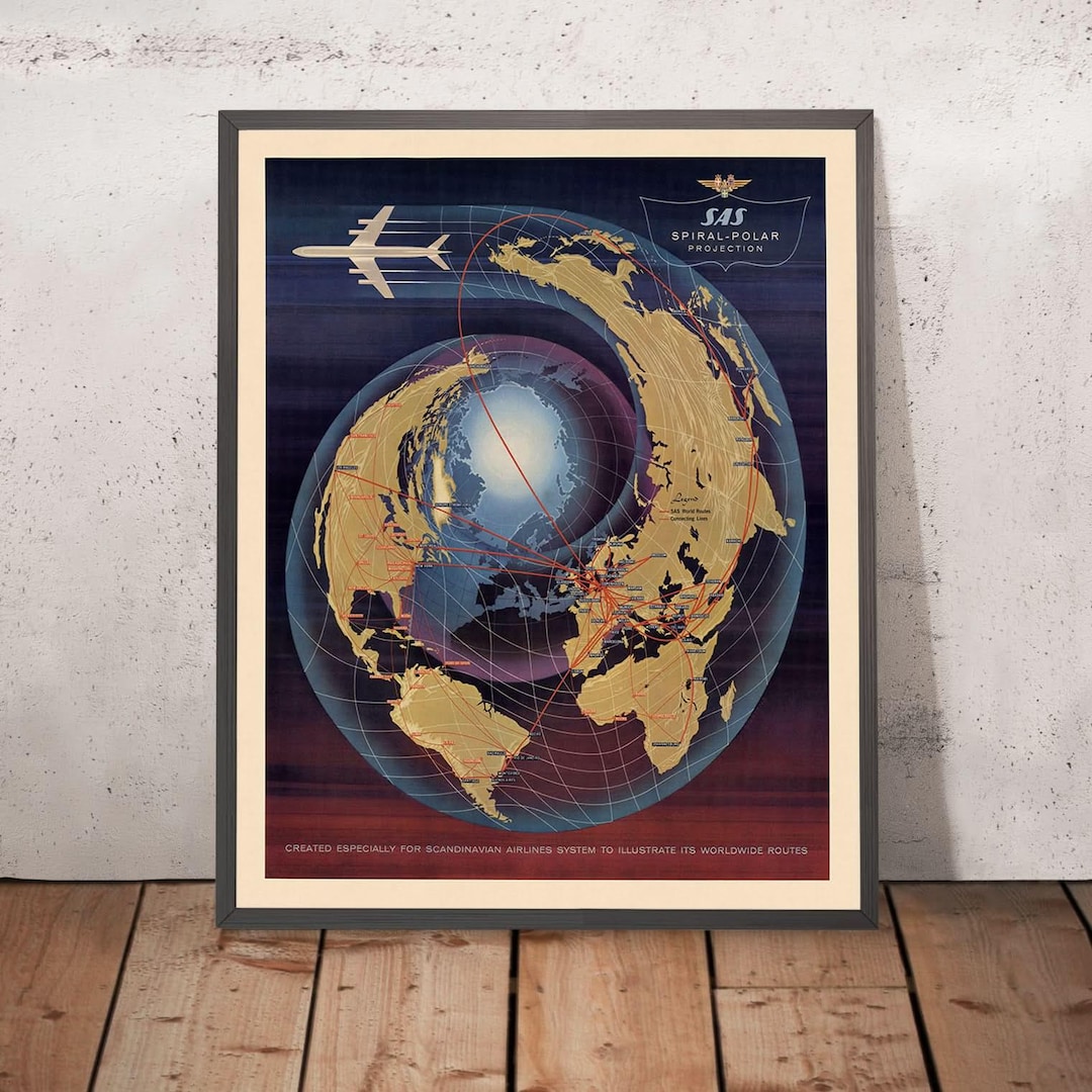 Old Airline Polar Projection World Map by SAS, 1960: Spiral Design ...