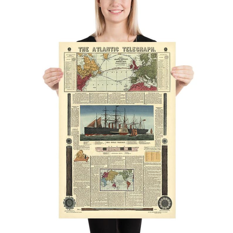 Old Map of the Atlantic Telegraph by Bacon & Co., 1865: Great Eastern ...