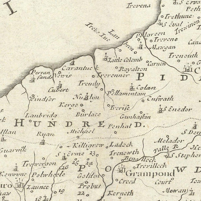 Old Map of Cornwall by Robert Morden, 1722: Truro, Falmouth, Penzance ...