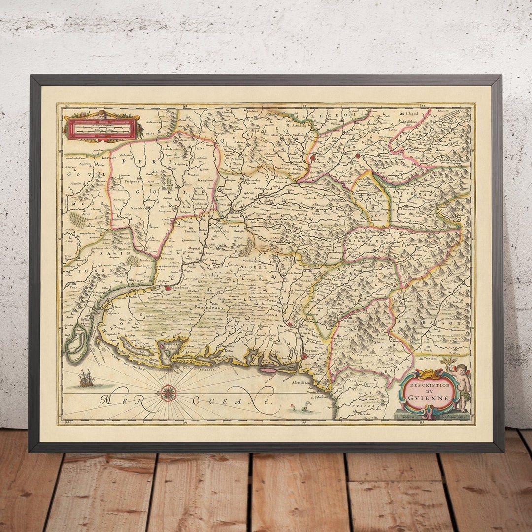 Old Map of Guyenne, France by Visscher, 1690: Toulouse, Bordeaux ...