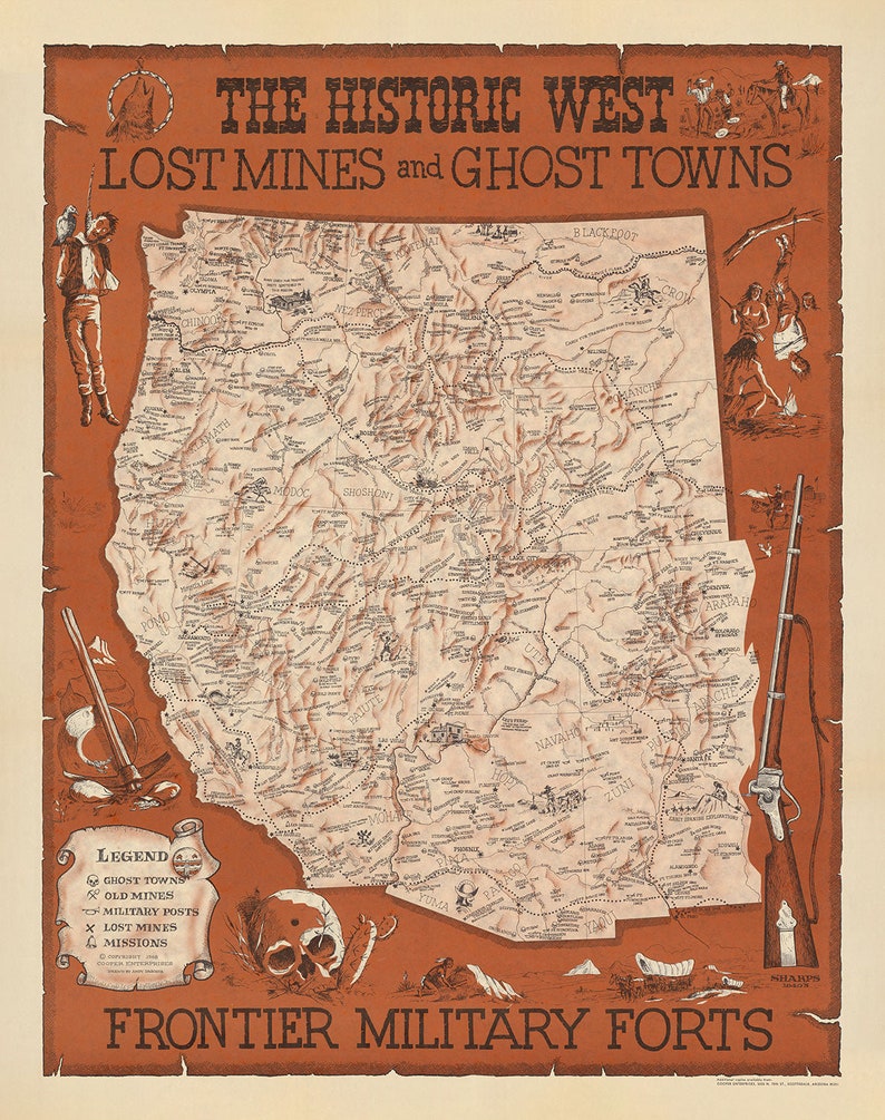 Old Map of the American Wild West by Andy Dagosta in 1968 - Cowboys ...