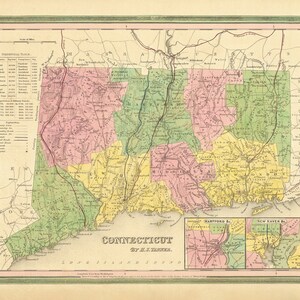 Old Map of Connecticut by HS Tanner, 1839: Hartford, New Haven ...