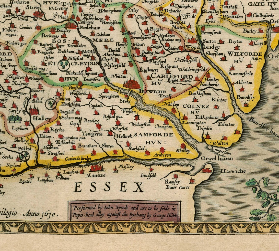 Old Map of Suffolk, 1611 by John Speed - Ipswich, Lowestoft, Bury St ...
