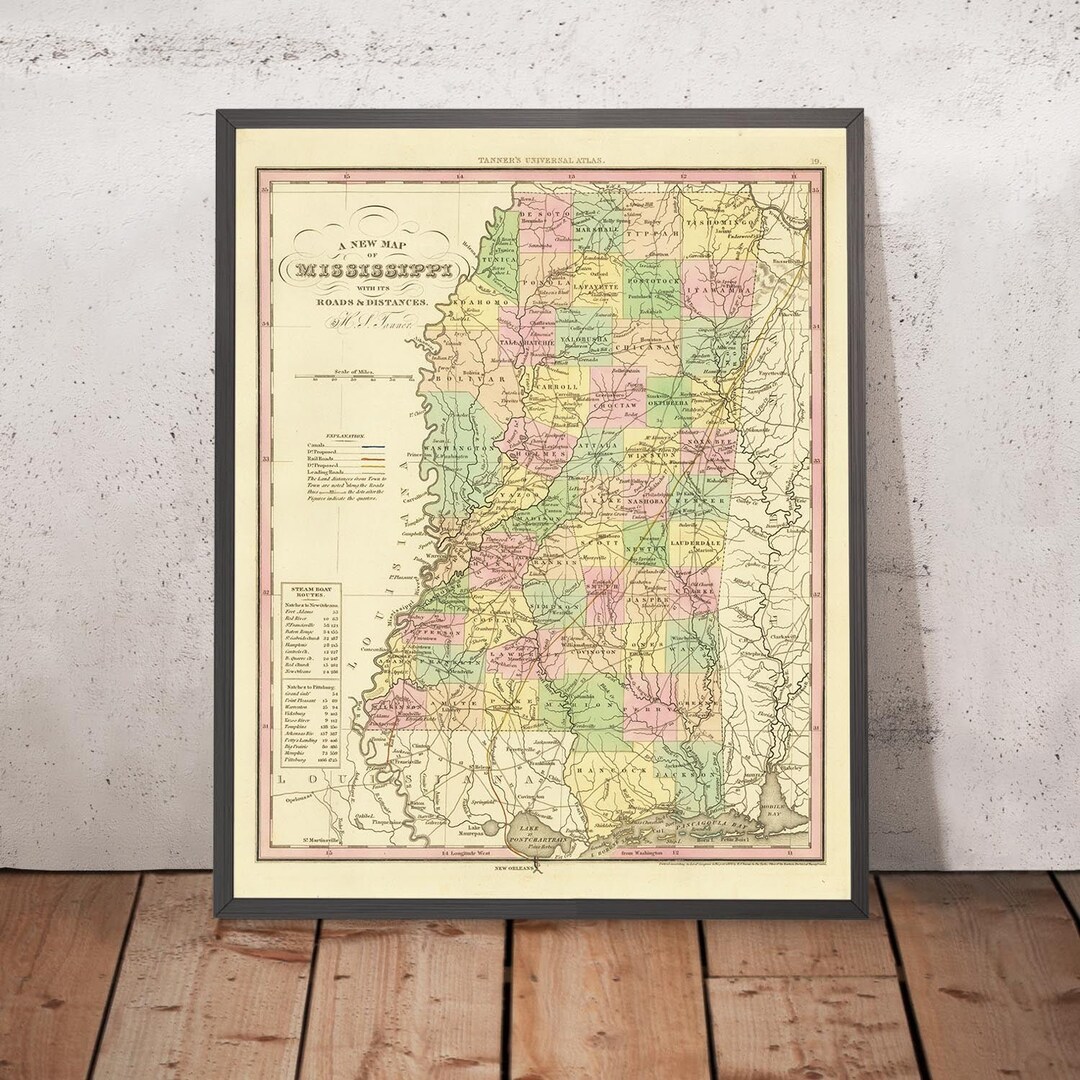 Old Map of Mississippi by H.S. Tanner, 1836: Jackson, Gulfport ...