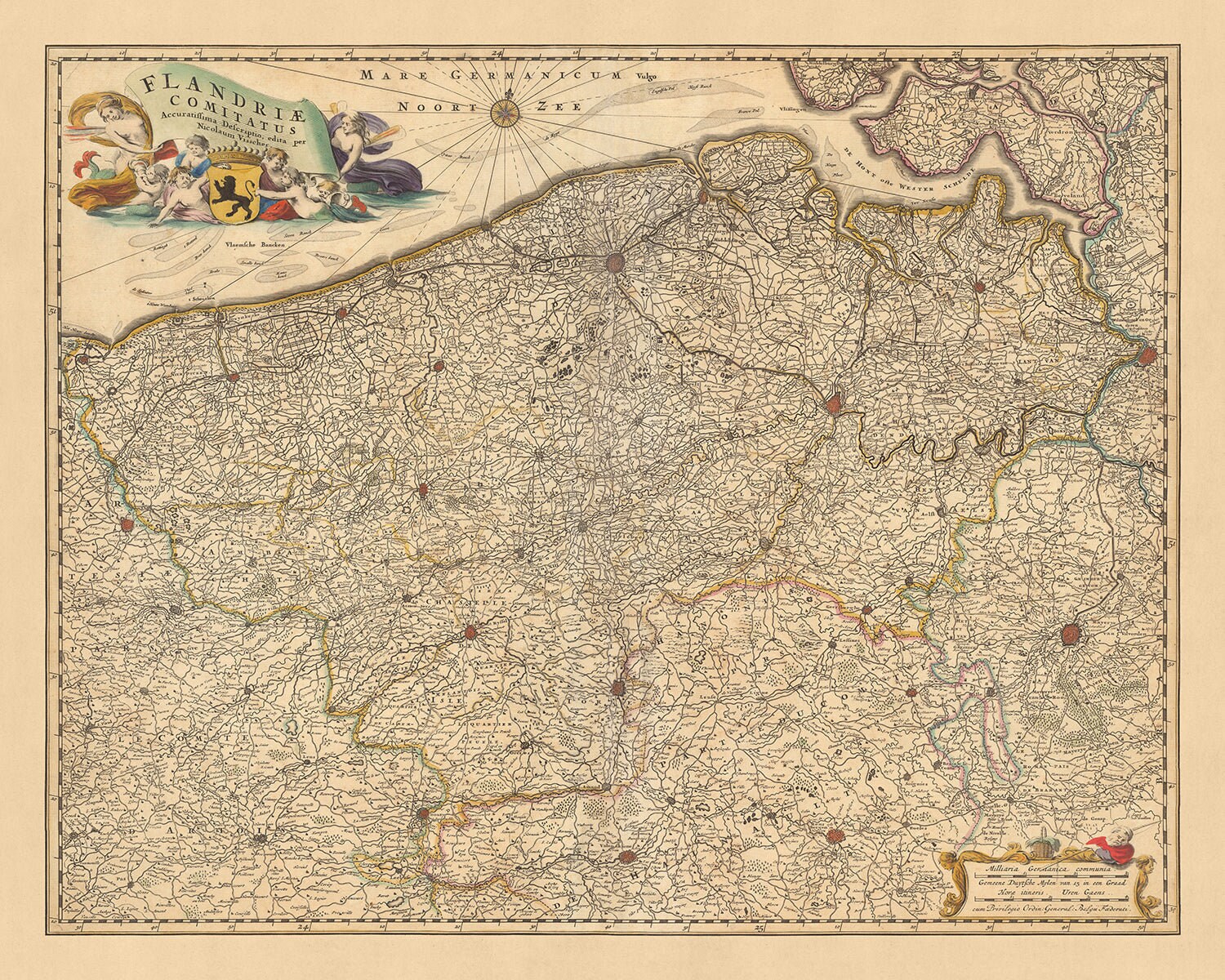 Old Map of Flanders by Visscher, 1690: Brussels, Antwerp, Ghent, Bruges ...