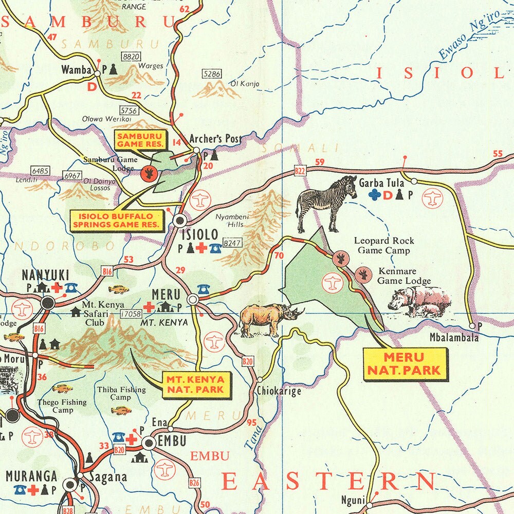 Old Pictorial Map of Kenya, 1968: Safari, Animals, Nairobi, Mount Kenya ...
