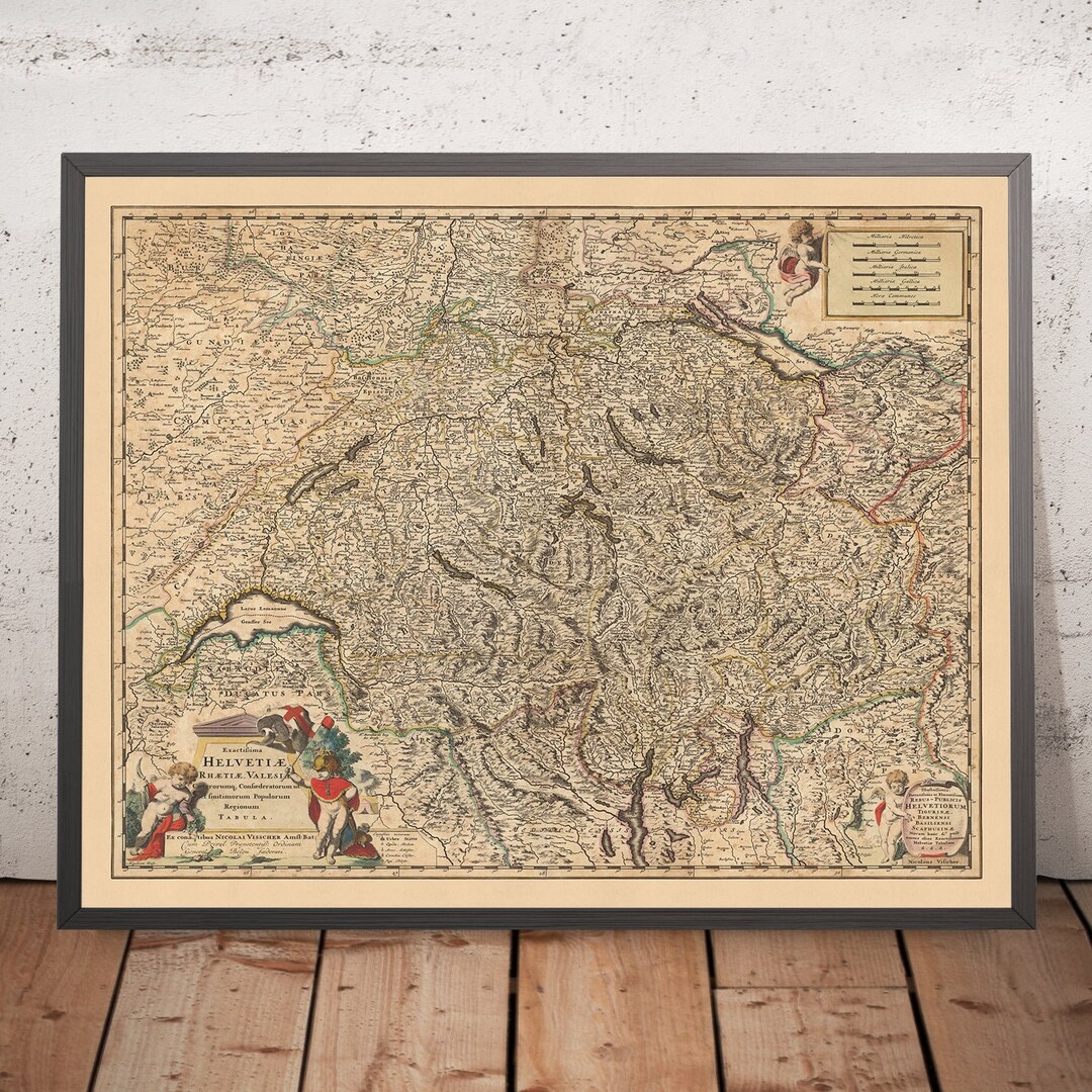 Old Map of Switzerland by Visscher, 1690: Bern, Zürich, Geneva ...