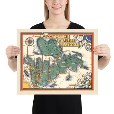 Old Pictorial Map of Post Office Wireless Stations by Max Gill, 1939 ...