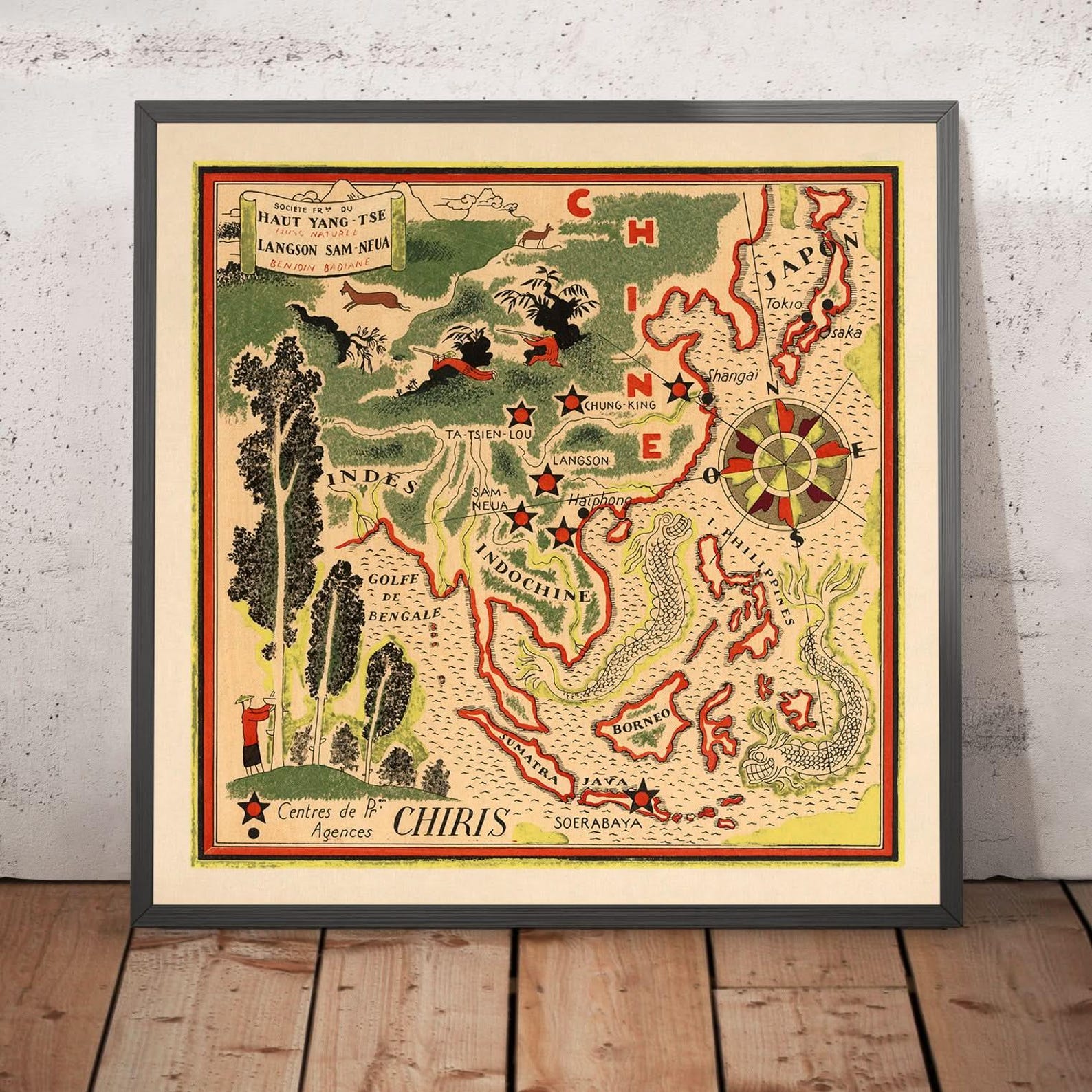 Old Pictorial Map of China by Mazuyer, 1931: Shanghai, Dragons, Golfe ...