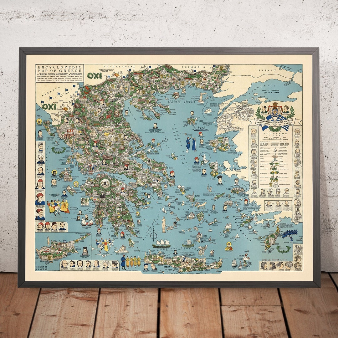 Old Pictorial Map of Ancient & Modern Greece, 1962: Athens ...