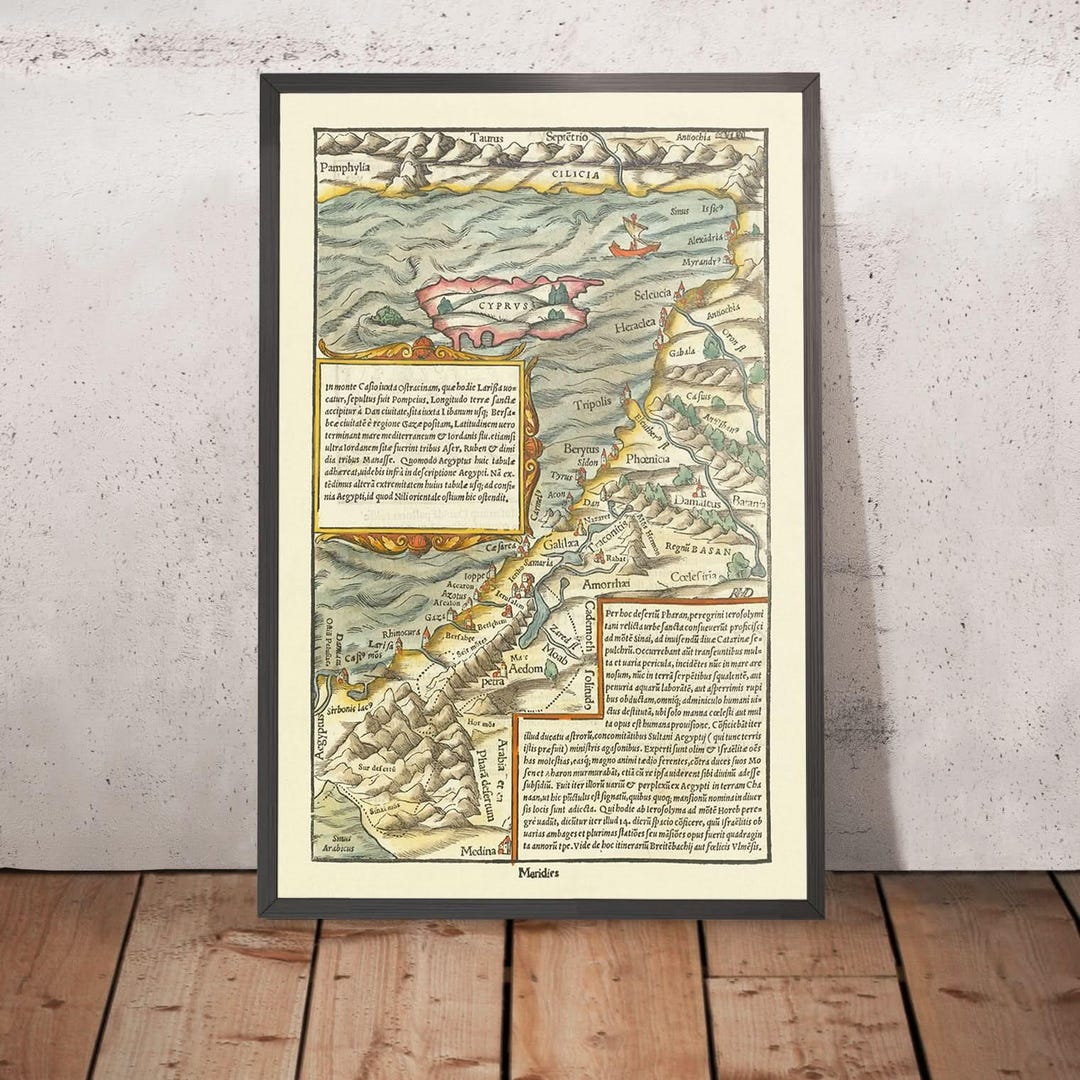 Old Map of Cyprus & Holy Land by Münster, 1554: Jerusalem, Mount Sinai ...