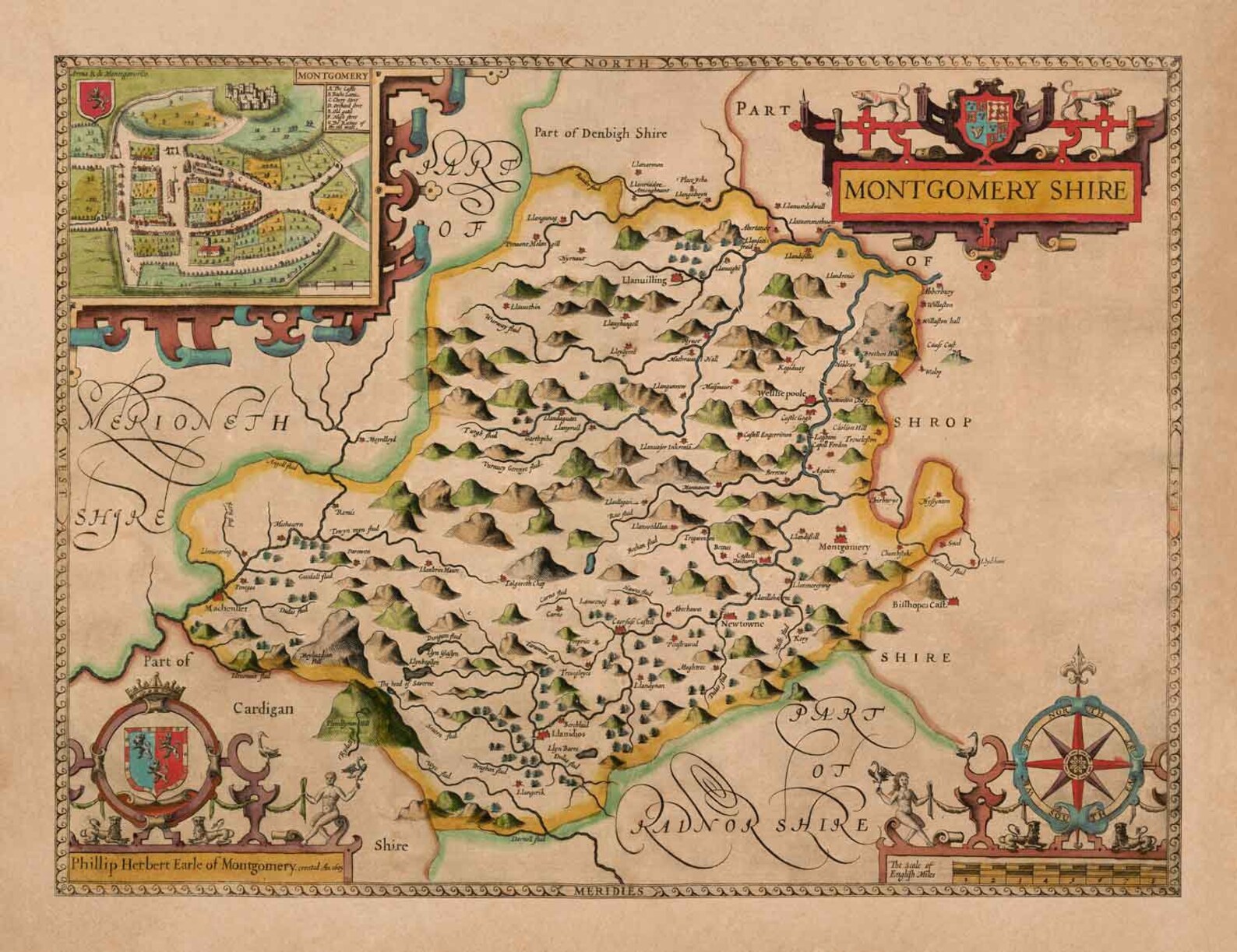 Old Map of Montgomeryshire, Wales, 1611 by John Speed - Powys, Maldwyn ...