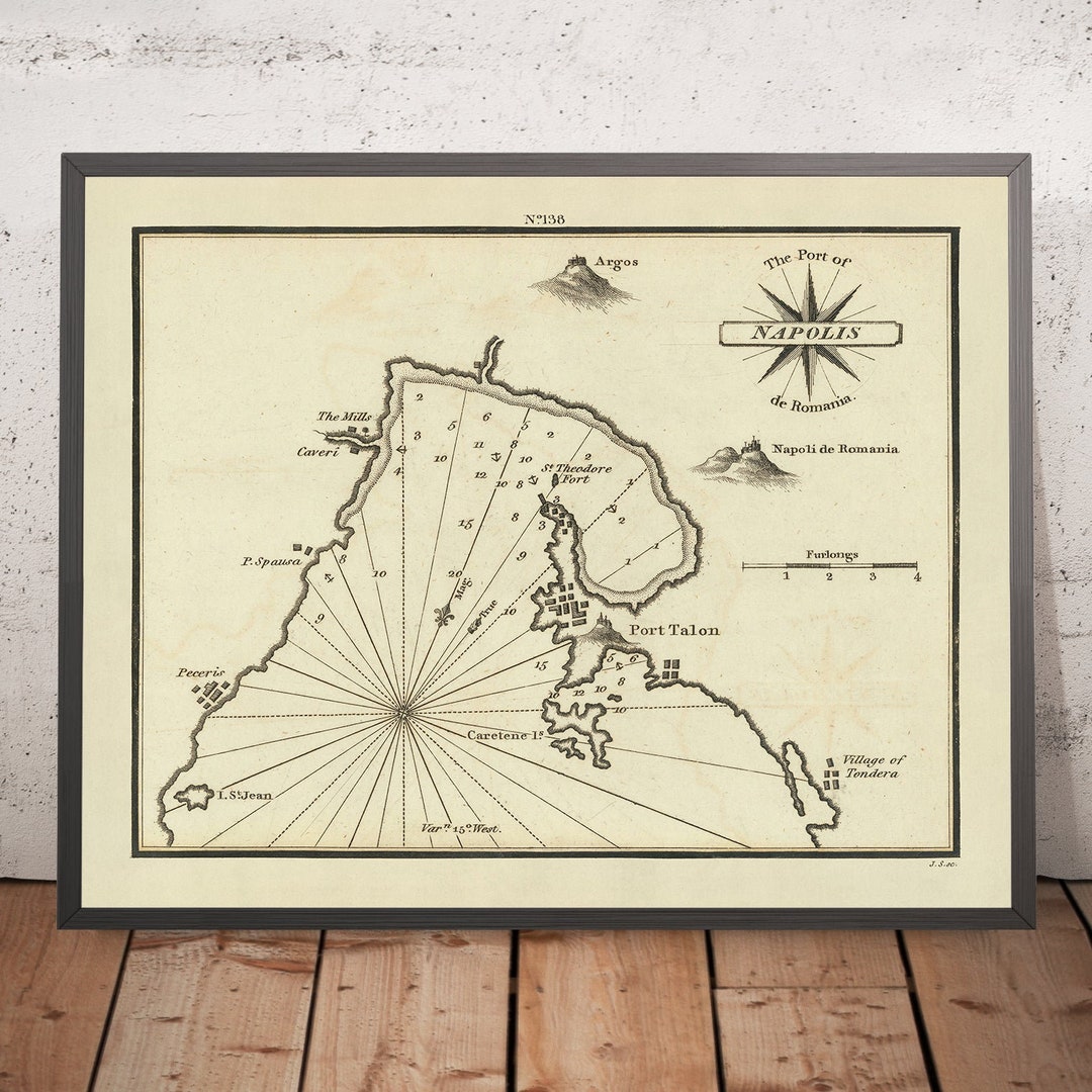 Old Port of Napoli De Romania, Greece Nautical Chart by Heather, 1802 ...