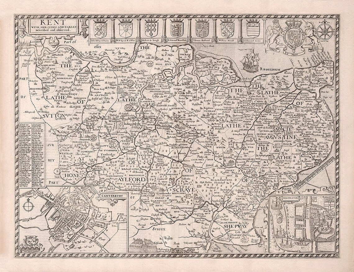 Old Map of Kent, 1611 by John Speed - Canterbury, Maidstone, Bromley ...