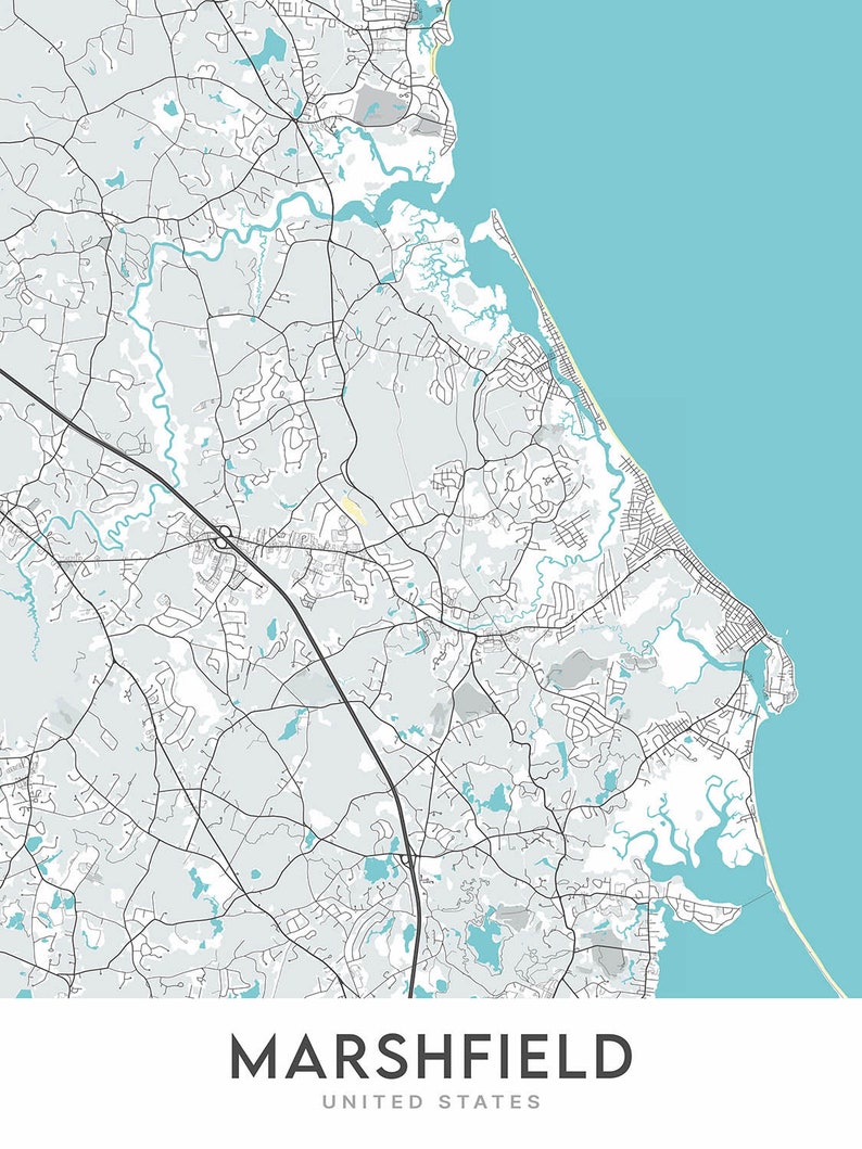 Modern City Map of Marshfield, MA: Brant Rock Beach, Daniel Webster ...