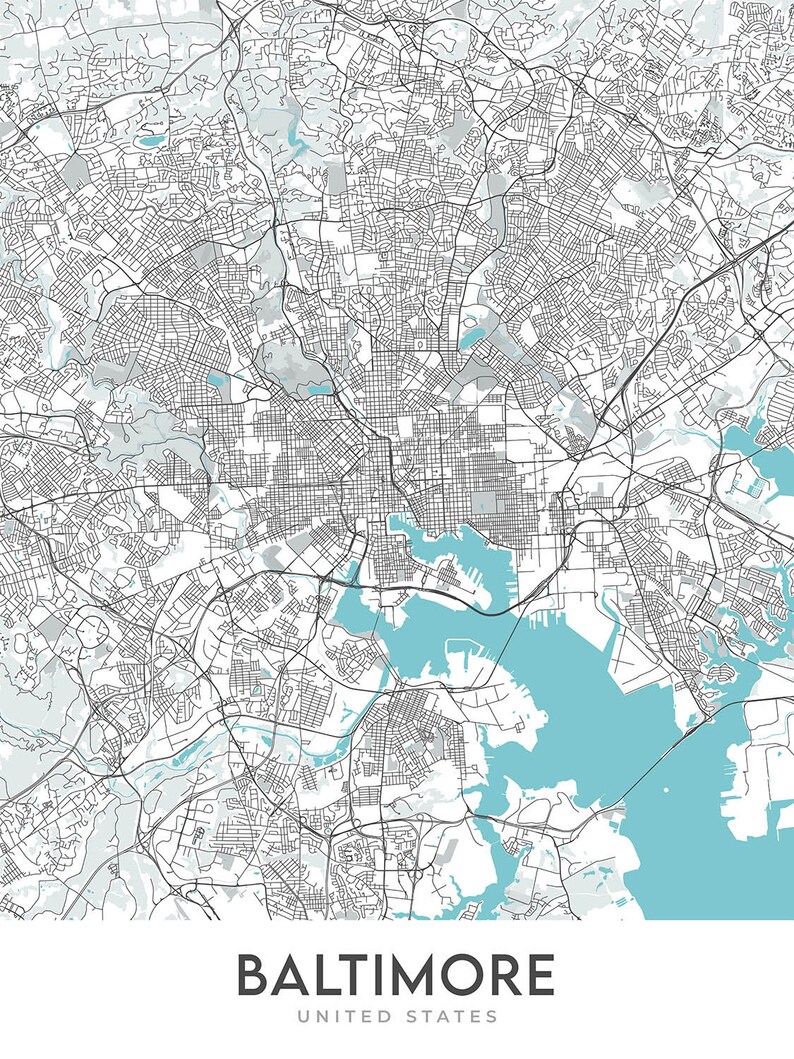 Modern City Map of Baltimore, MD: Inner Harbor, Oriole Park, U. of ...