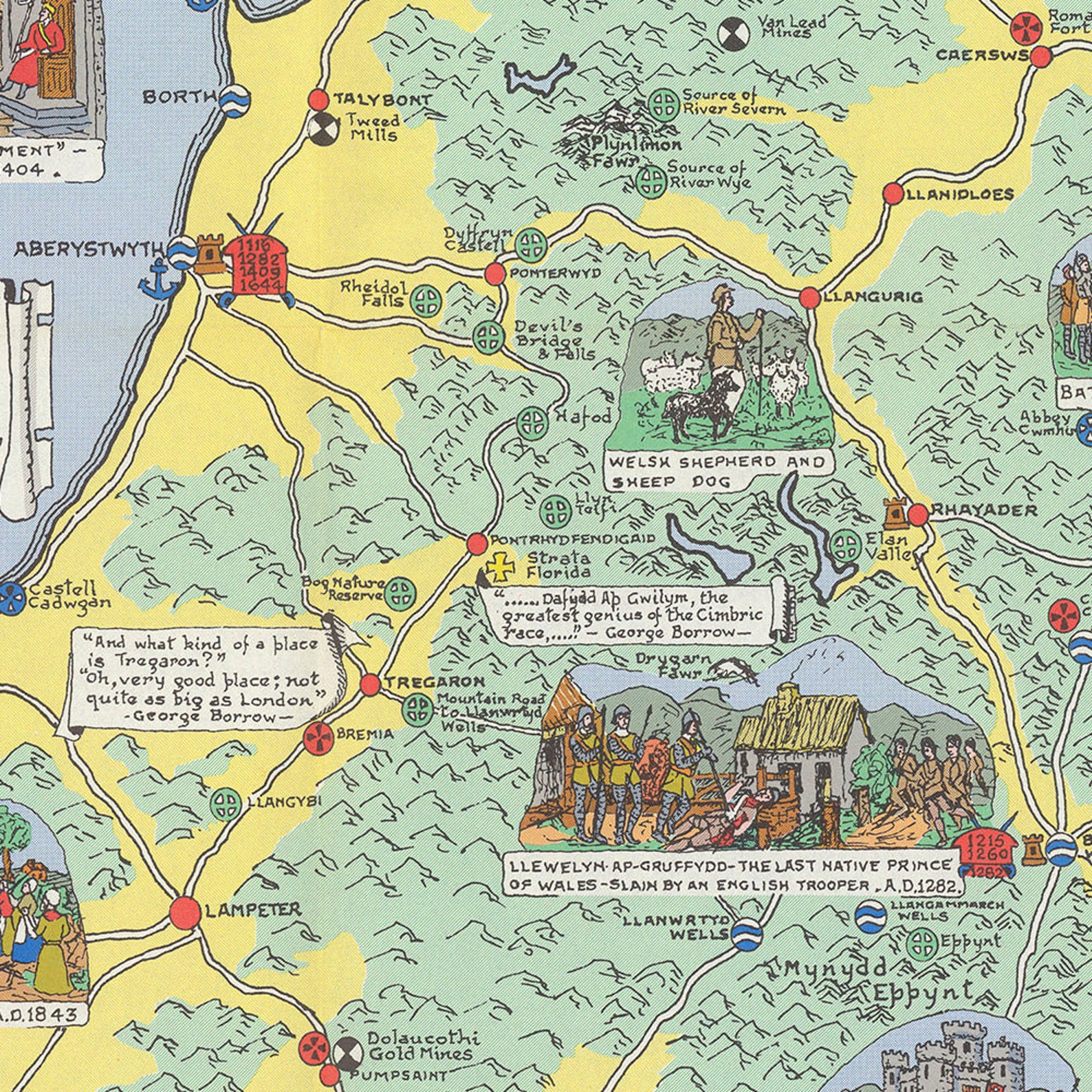 Old Pictorial Map of Wales by Bullock, 1966: Castles, Cathedrals ...